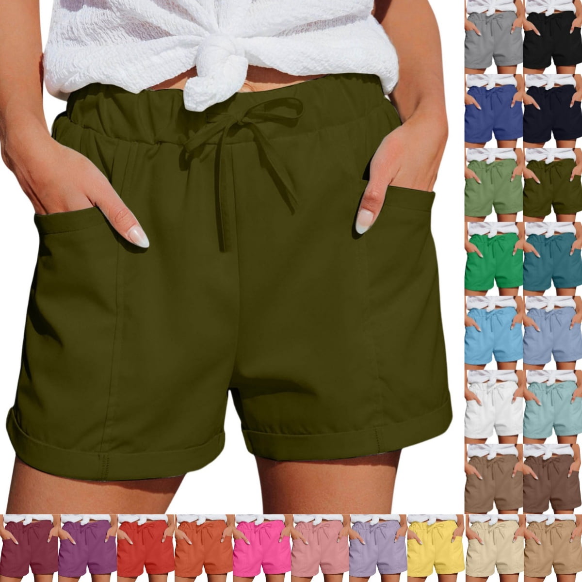 Bmisegm Athletic Shorts for Women Solid Color Drawstring Elastic Waist ...