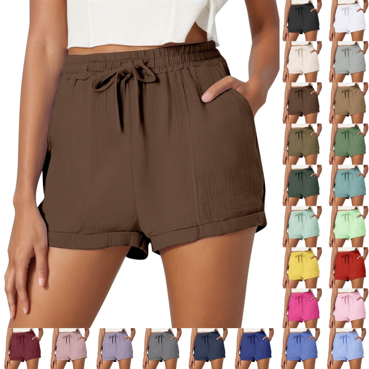 Bmisegm Athletic Shorts for Women Solid Color Casual Drawstring Elastic ...