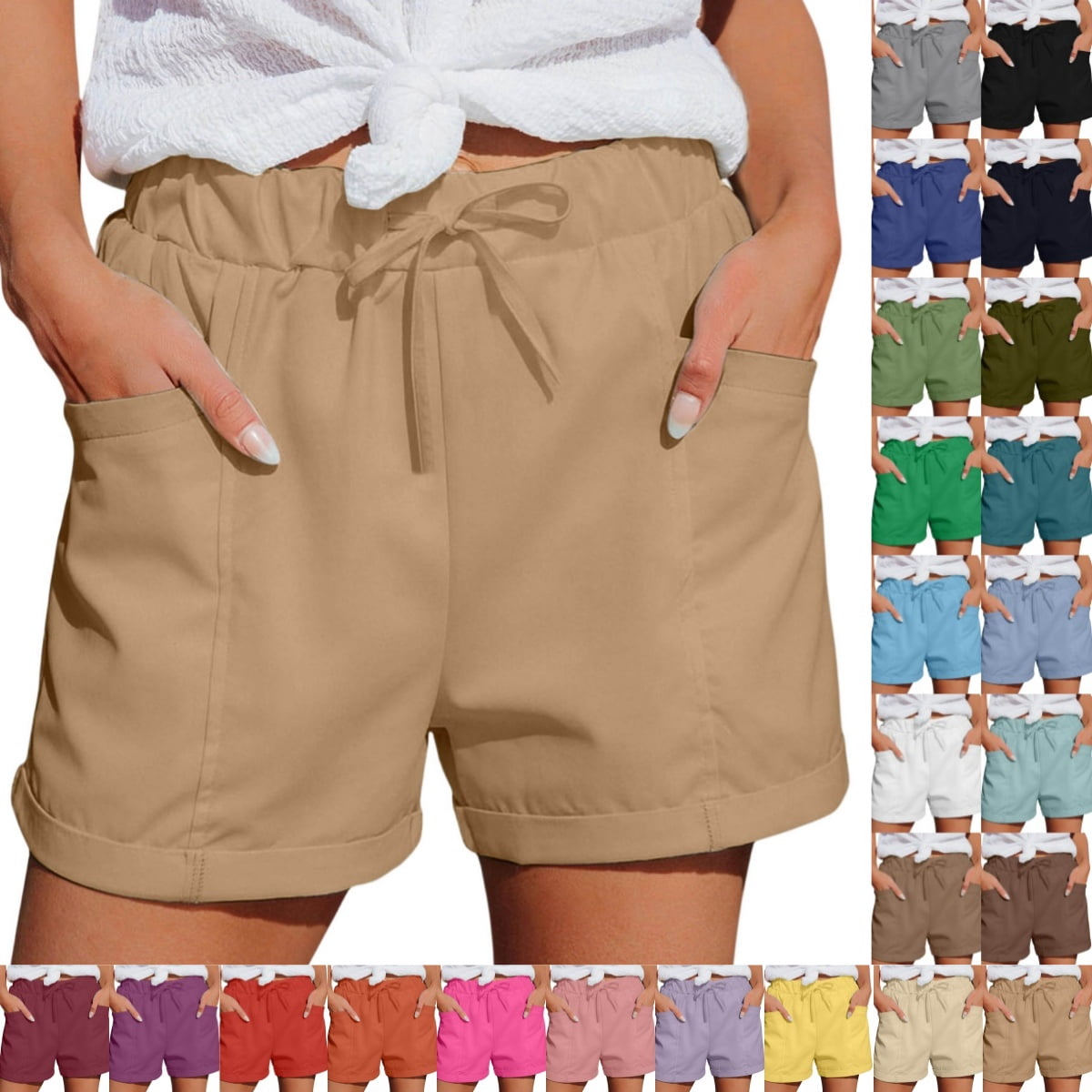 Bmisegm Athletic Shorts for Women Solid Color Drawstring Elastic Waist ...