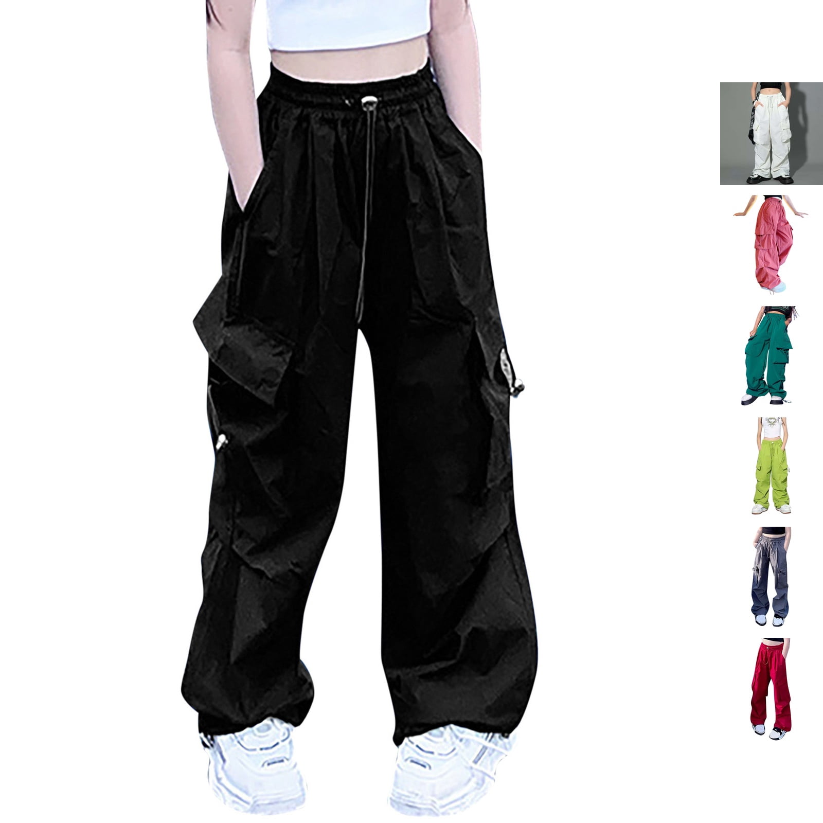 Bmisegm Cargo Pants for Girls Casual High Waisted Drawstring Loose Fit ...