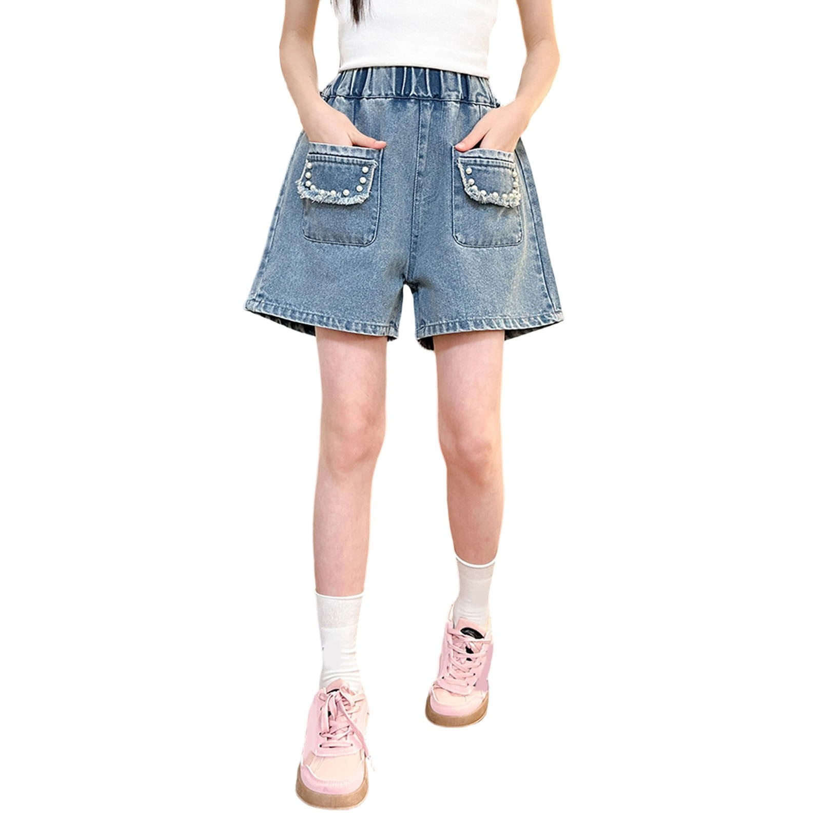 Bmisegm Cute Jean Shorts Spring Summer Front Pearl Trim Pocket Casual ...