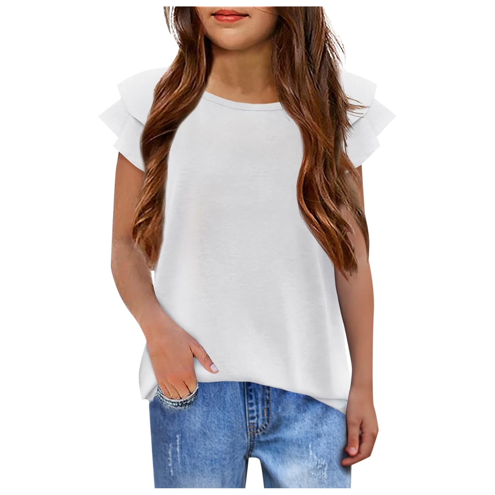 Bmisegm Cute Tops For Teens Girls T-Shirts Wavy Sleeves Summer Crew ...
