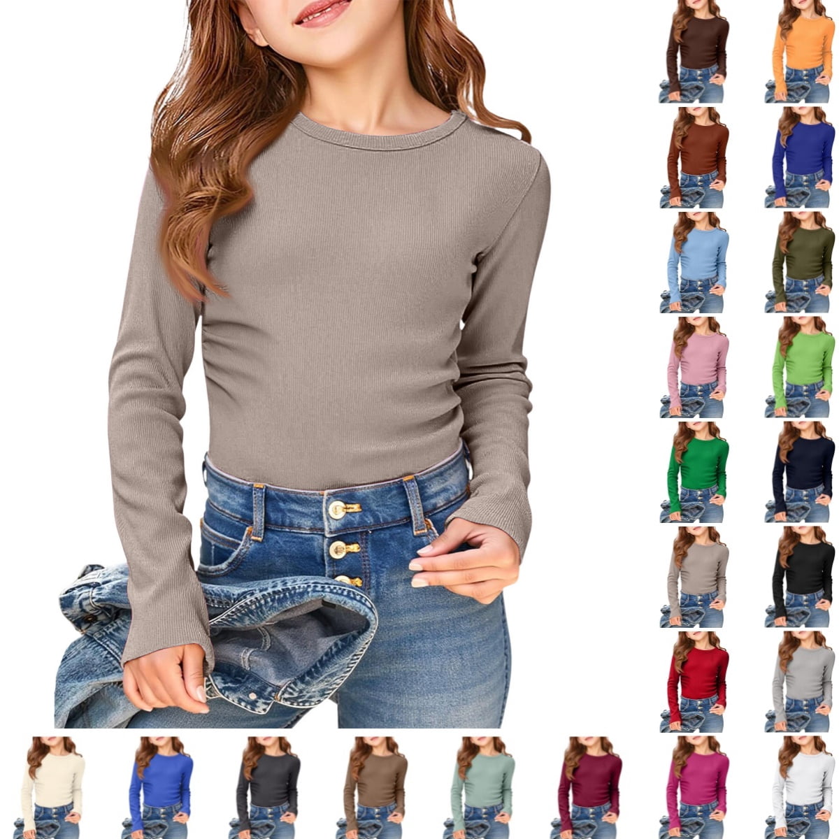 Bmisegm Girls T Shirts Girls Long Sleeve Ribbed Stretch Tee Slim Fit ...