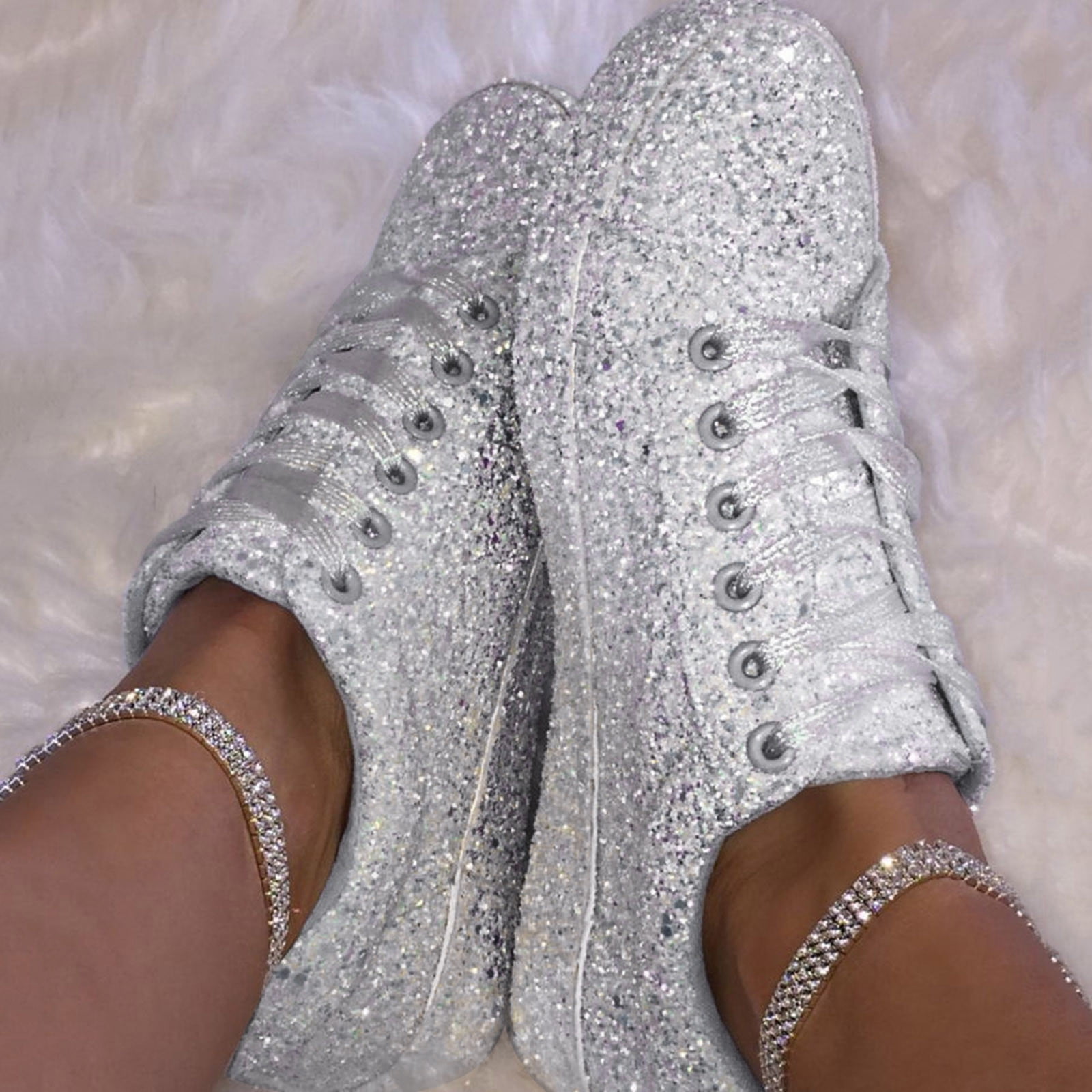 Bmisegm Ladies Fashion Sequin Round Head Lace up Comfortable Flat ...