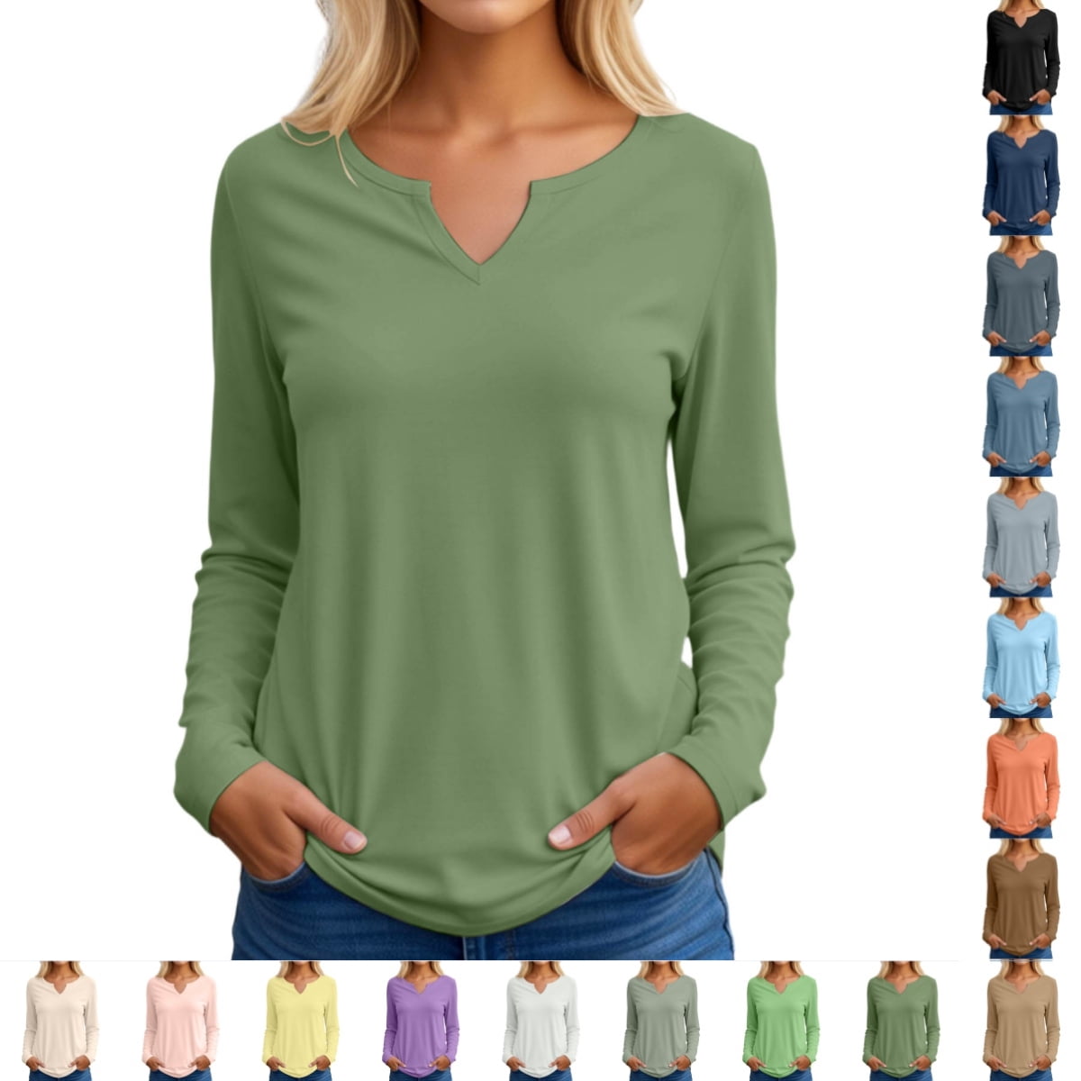 Bmisegm Long Sleeve Tops for Women V Neck Casual Blouse Loose Fit Solid ...