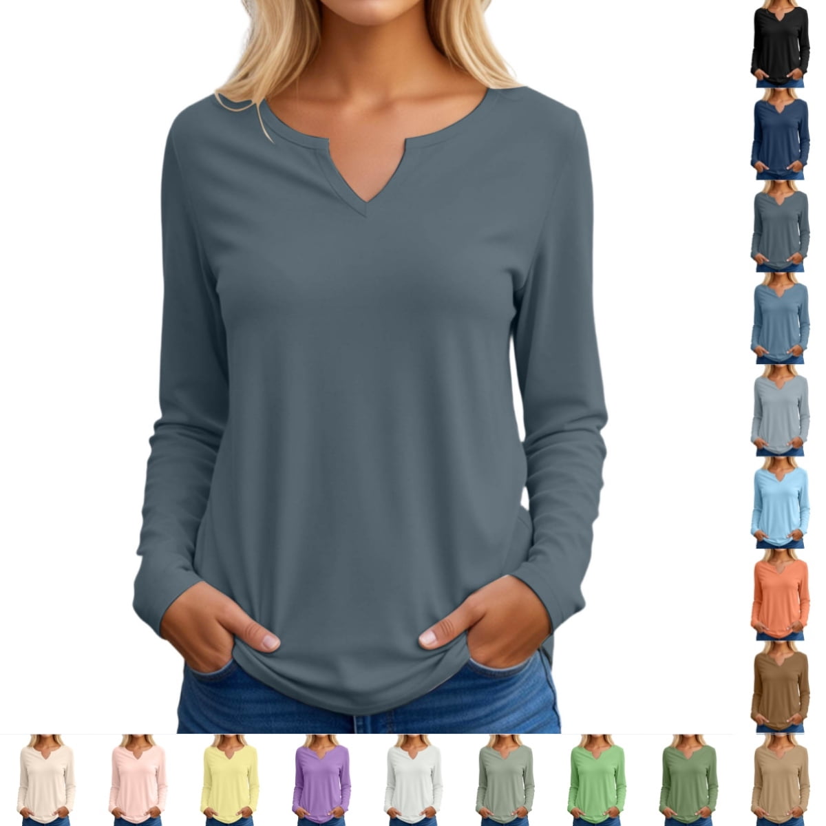 Bmisegm Long Sleeve Tops for Women V Neck Casual Blouse Loose Fit Solid ...