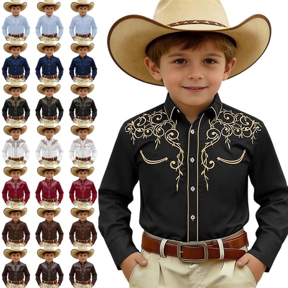 Bmisegm Shirts for Boys Western Denim Print Easy Care Button Front Soft ...