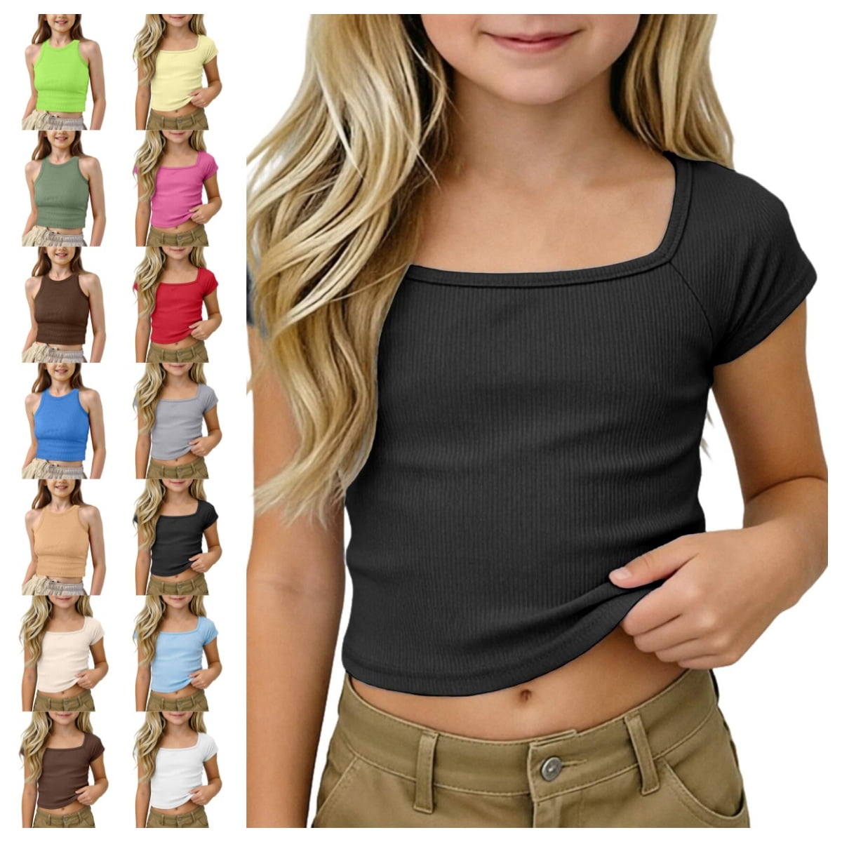 Bmisegm Short Sleeve Blouse Girls Ribbed Knit Cropped Square Neck ...