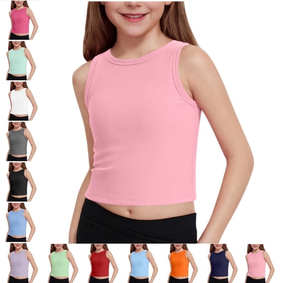 Bmisegm Summer Blouse Kids Athletic Ribbed Knit High Neck Crop Tank ...
