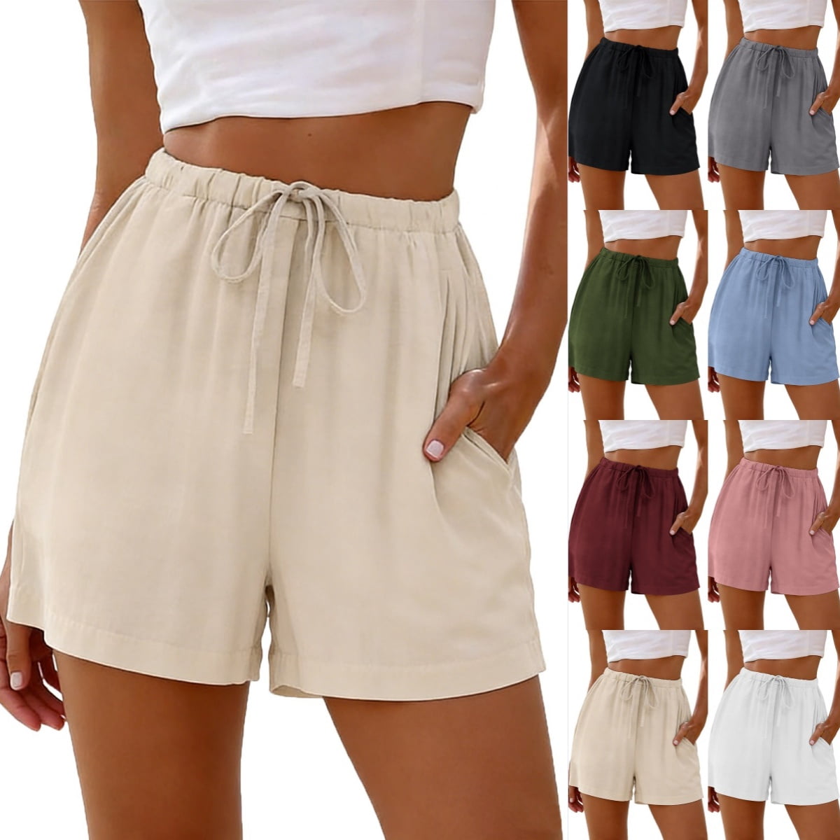 Bmisegm Summer Shorts for Women Drawstring Elastic Waist Solid Color ...