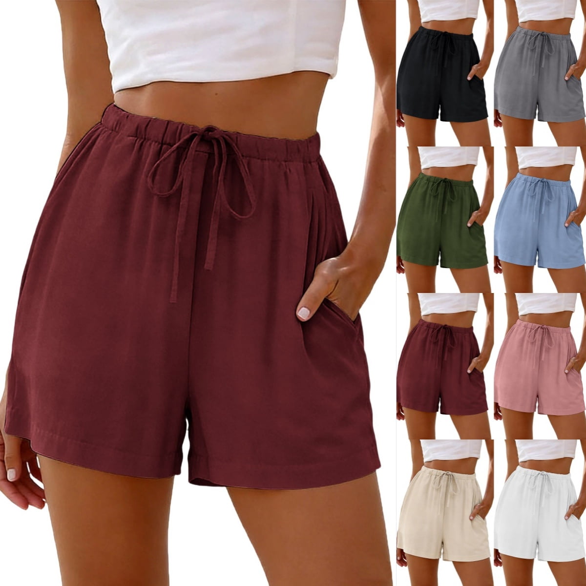 Bmisegm Summer Shorts for Women Drawstring Elastic Waist Solid Color ...