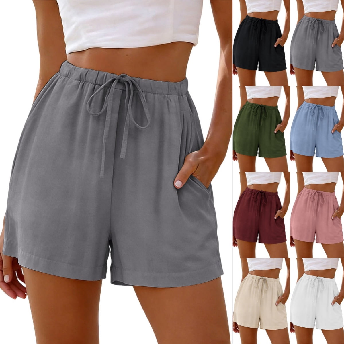 Bmisegm Summer Shorts for Women Drawstring Elastic Waist Solid Color ...