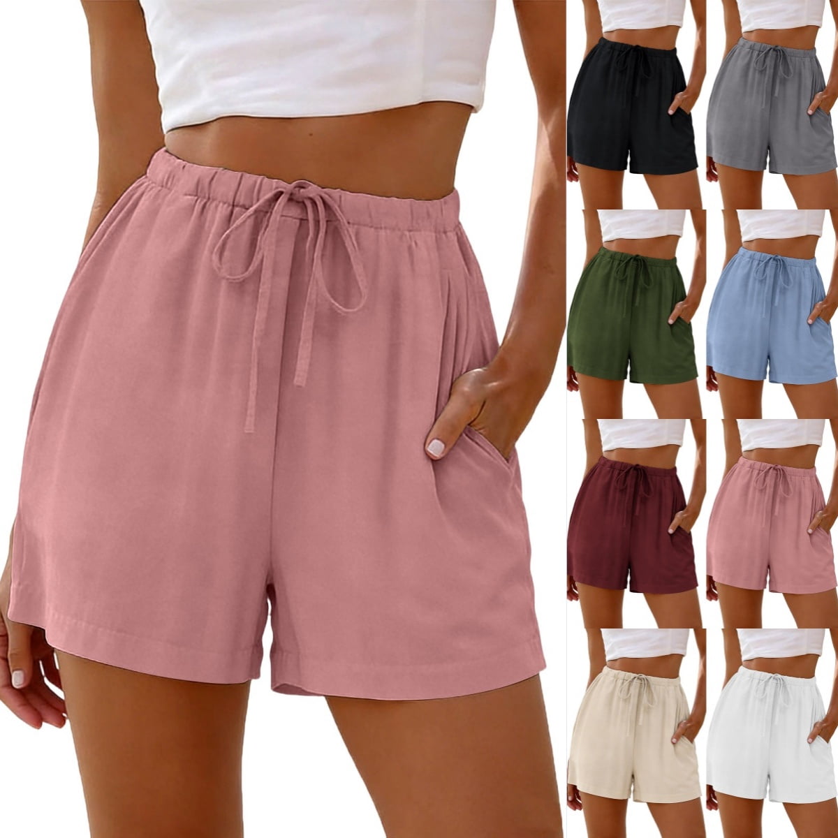 Bmisegm Summer Shorts for Women Drawstring Elastic Waist Solid Color ...