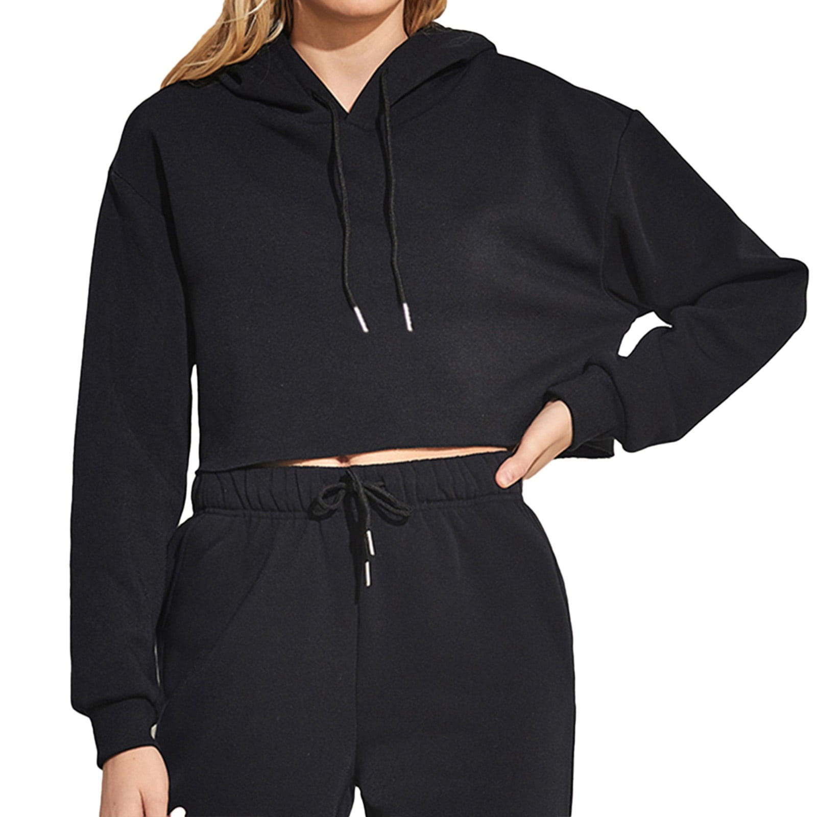 Bmisegm Women Casual Solid Hooded Sweatshirt Strap Split Loose Long ...