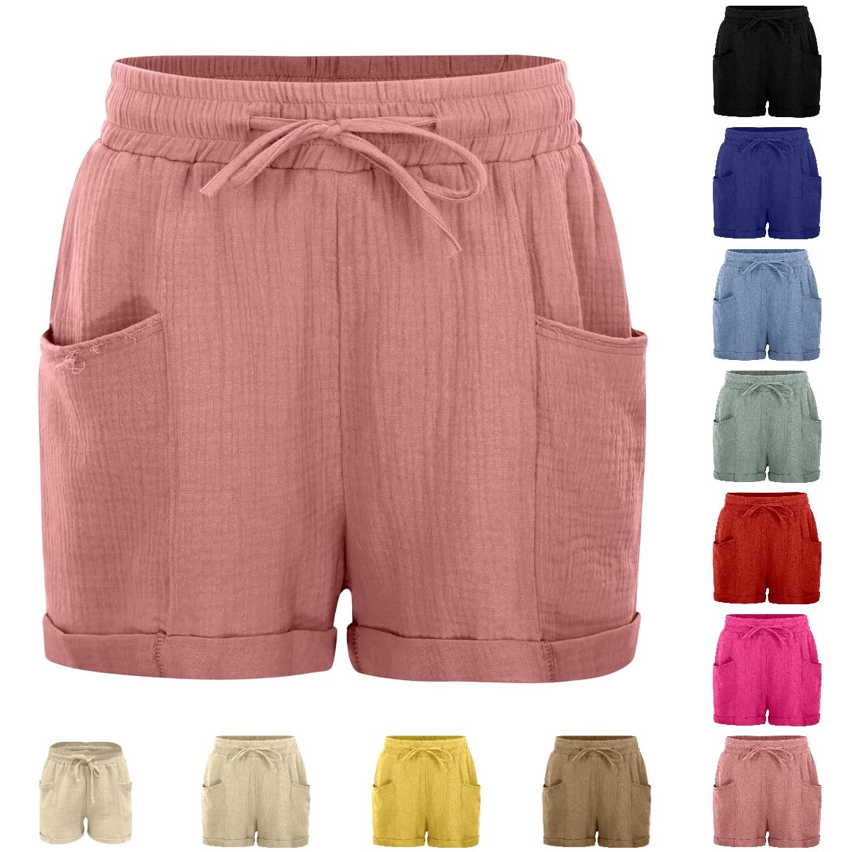 Bmisegm Women Shorts Casual Solid Color Elastic Waist Drawstring Tie ...