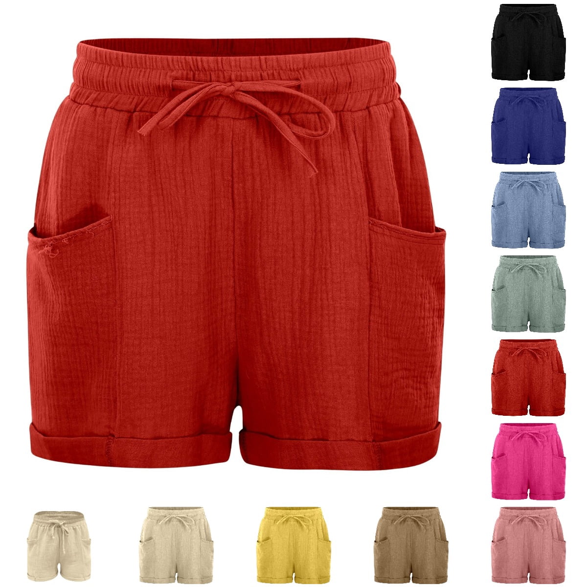 Bmisegm Women Shorts Casual Solid Color Elastic Waist Drawstring Tie ...