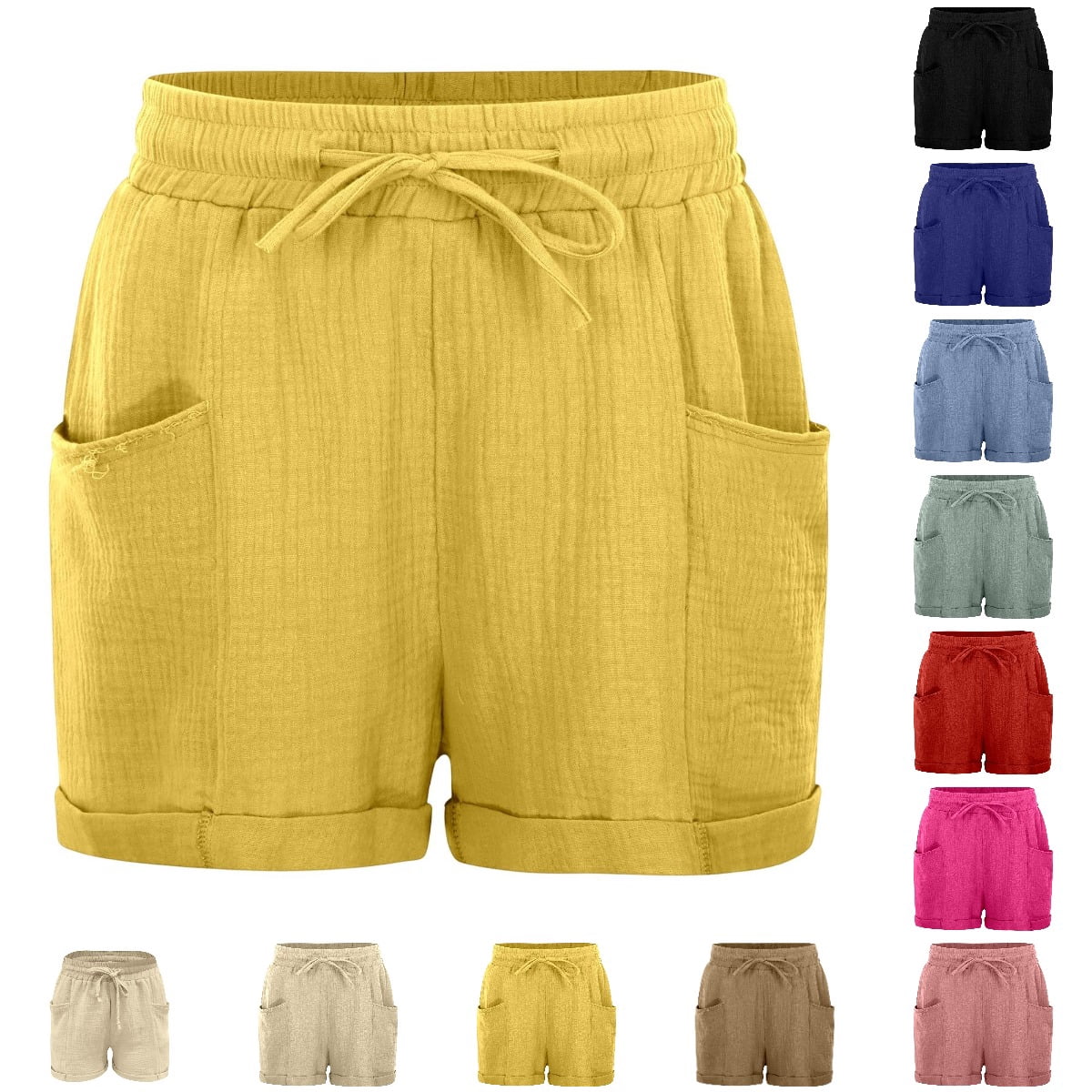 Bmisegm Women Shorts Casual Solid Color Elastic Waist Drawstring Tie ...