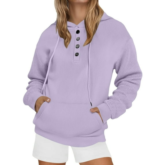 Bmisegm Women's Solid Color Hooded Sweatshirt Ice Silk Ribbed Casual Pullover Sport Top Hoodies ...