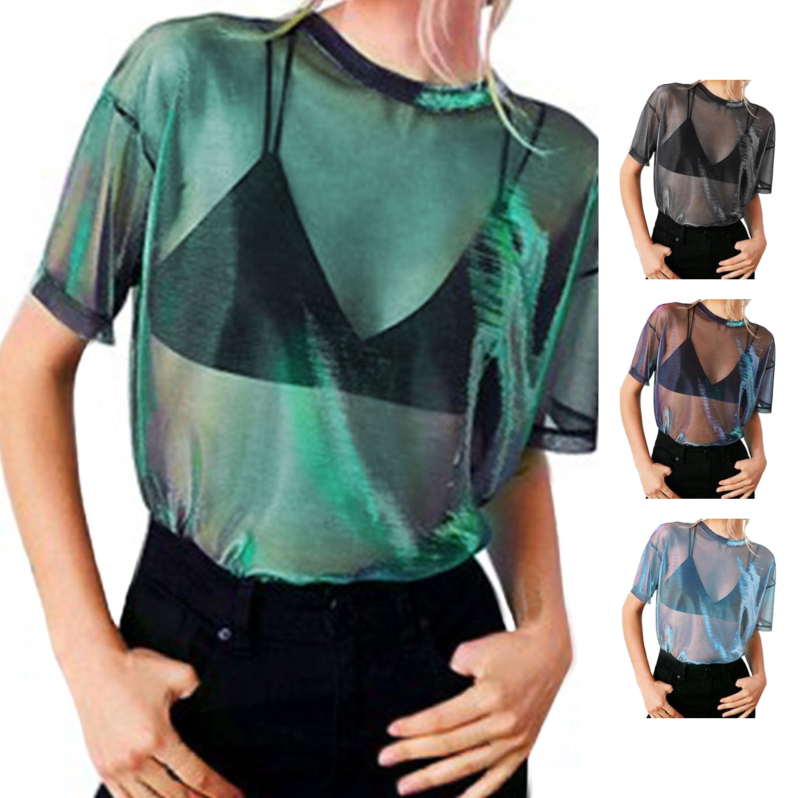 Bmisegm Womens Graphic Print T Shirt Mesh Tops for Women See Through ...