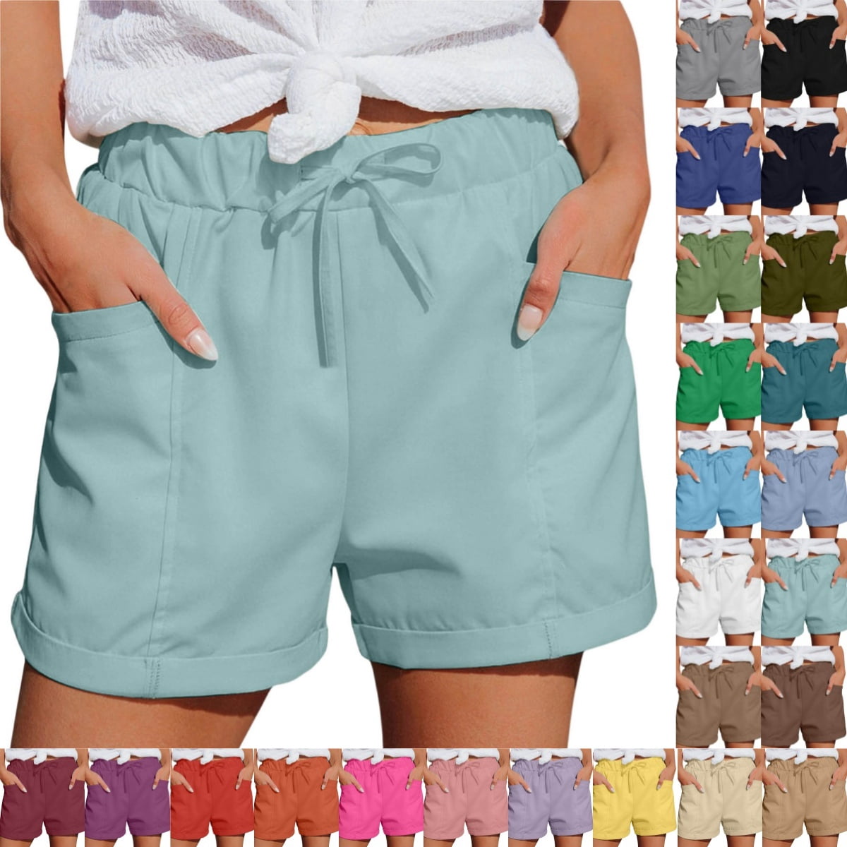 Bmisegm Womens Running Shorts Solid Color Drawstring Elastic Waist ...