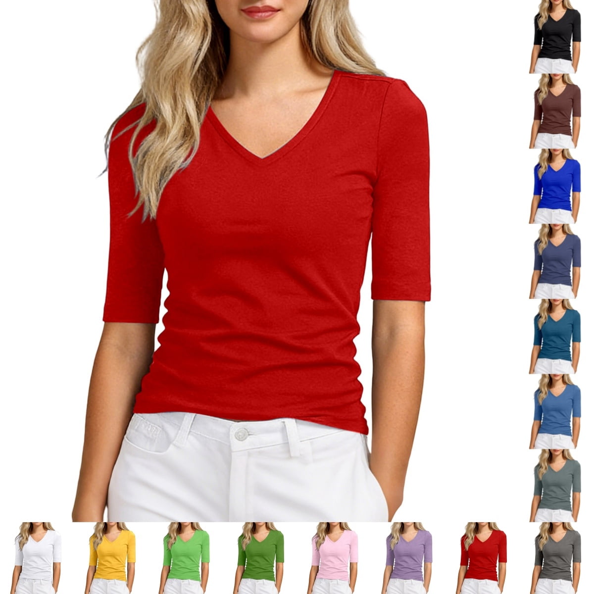 Bmisegm Womens Short Sleeve Tops Casual V Neck T Shirt Basic Solid for ...