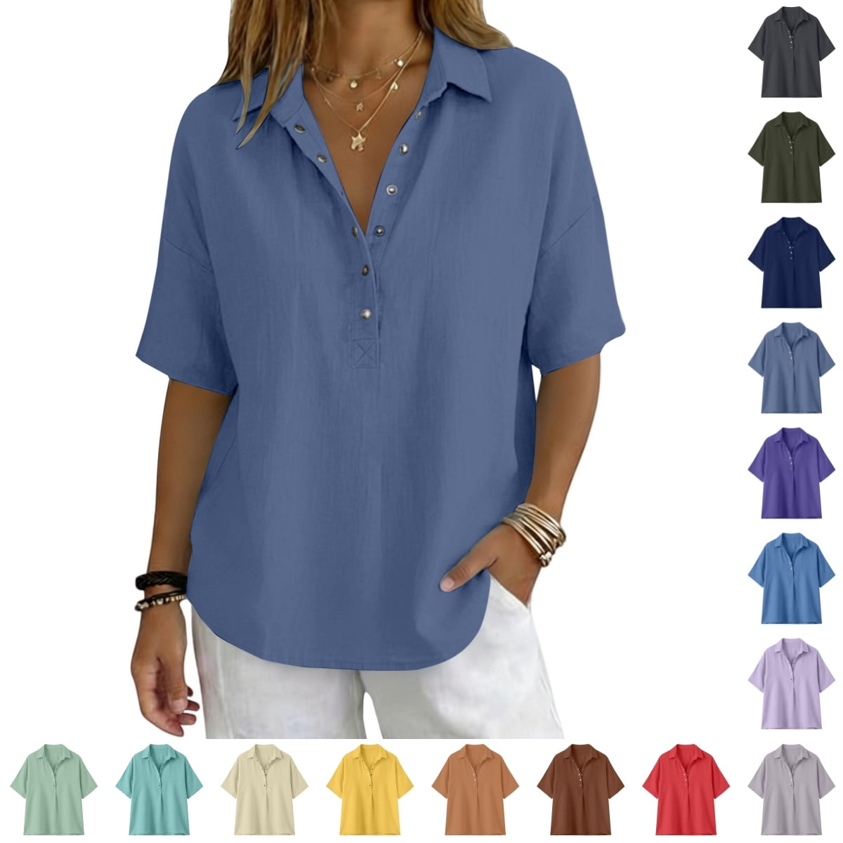 Bmisegm Womens Short Sleeve Tops Lightweight Button Front Solid Henley ...