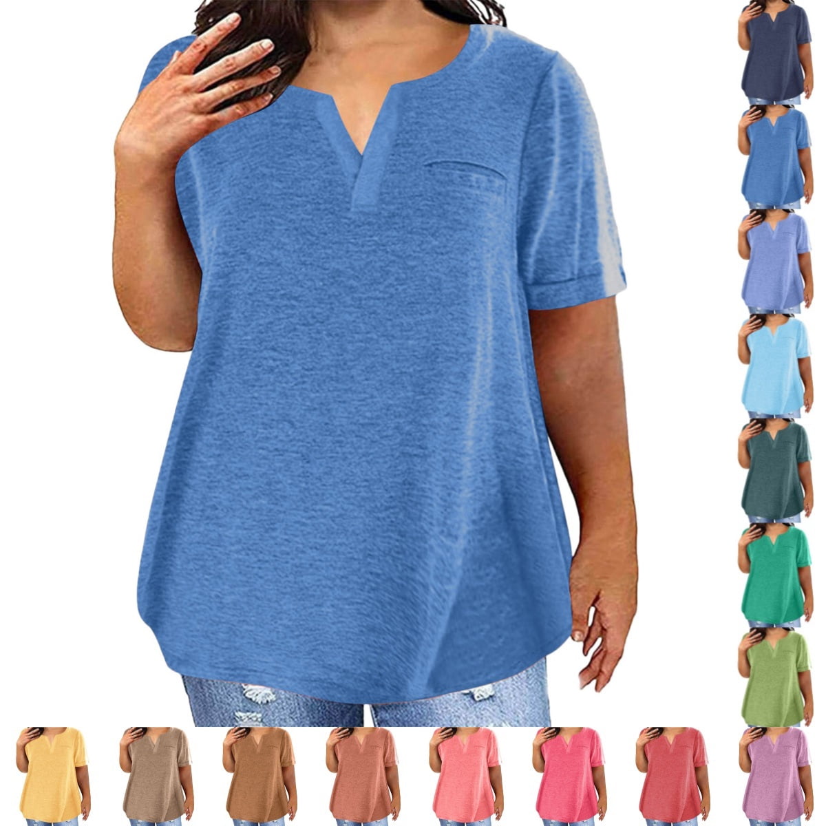 Bmisegm Womens Short Sleeve Tops Plus Size Color Block Gradient Print V ...