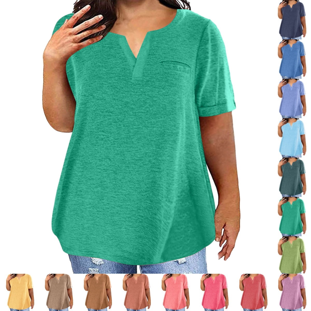Bmisegm Womens Short Sleeve Tops Plus Size Color Block Gradient Print V ...