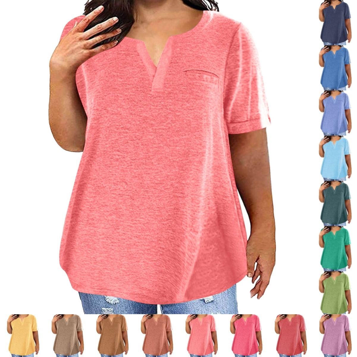 Bmisegm Womens Short Sleeve Tops Plus Size Color Block Gradient Print V ...