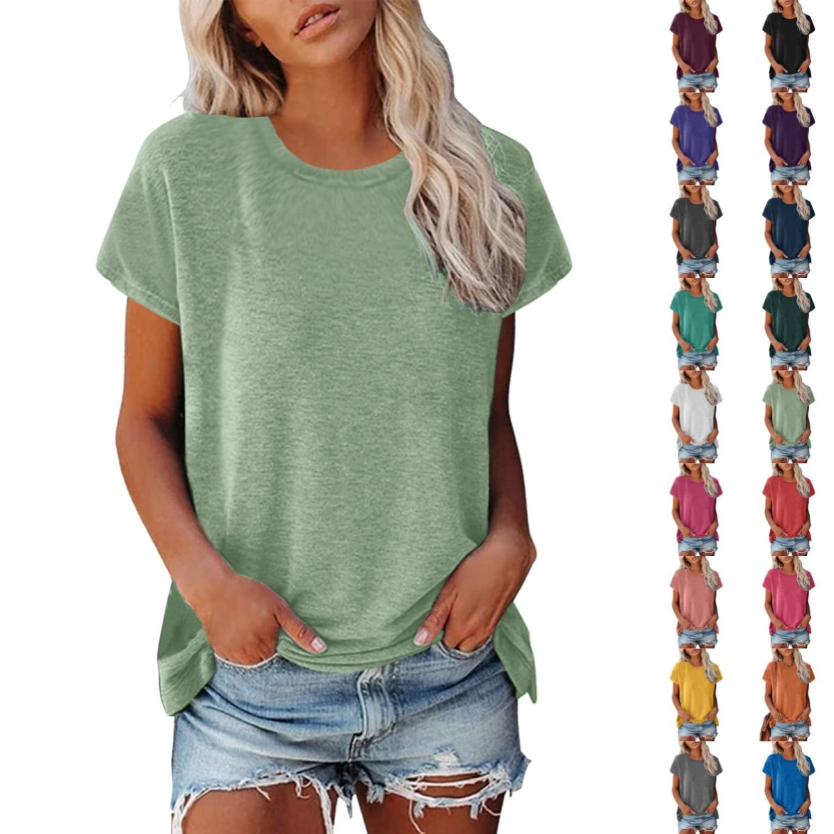 Bmisegm Womens Short Sleeve Tops Summer Casual Crew Neck Solid Color ...