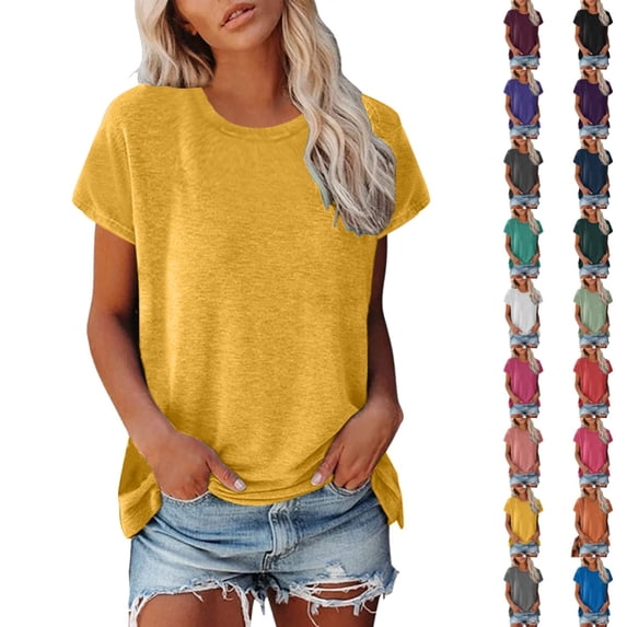 Bmisegm Womens Short Sleeve Tops Summer Casual Crew Neck Solid Color ...