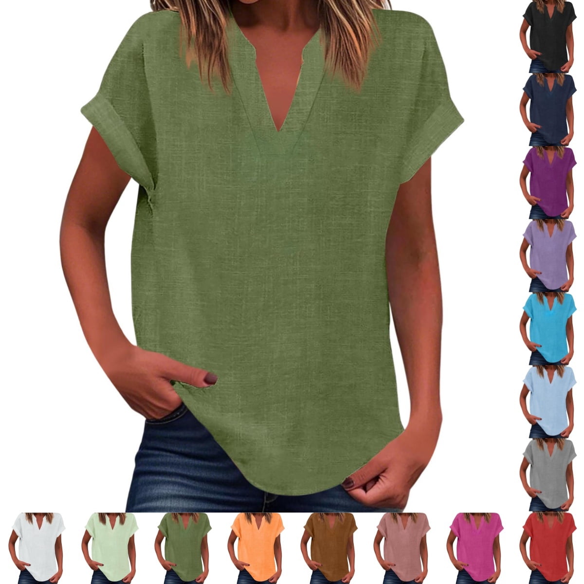 Bmisegm Womens Short Sleeve Tops Summer Solid Color Loose Fit Pleated V ...