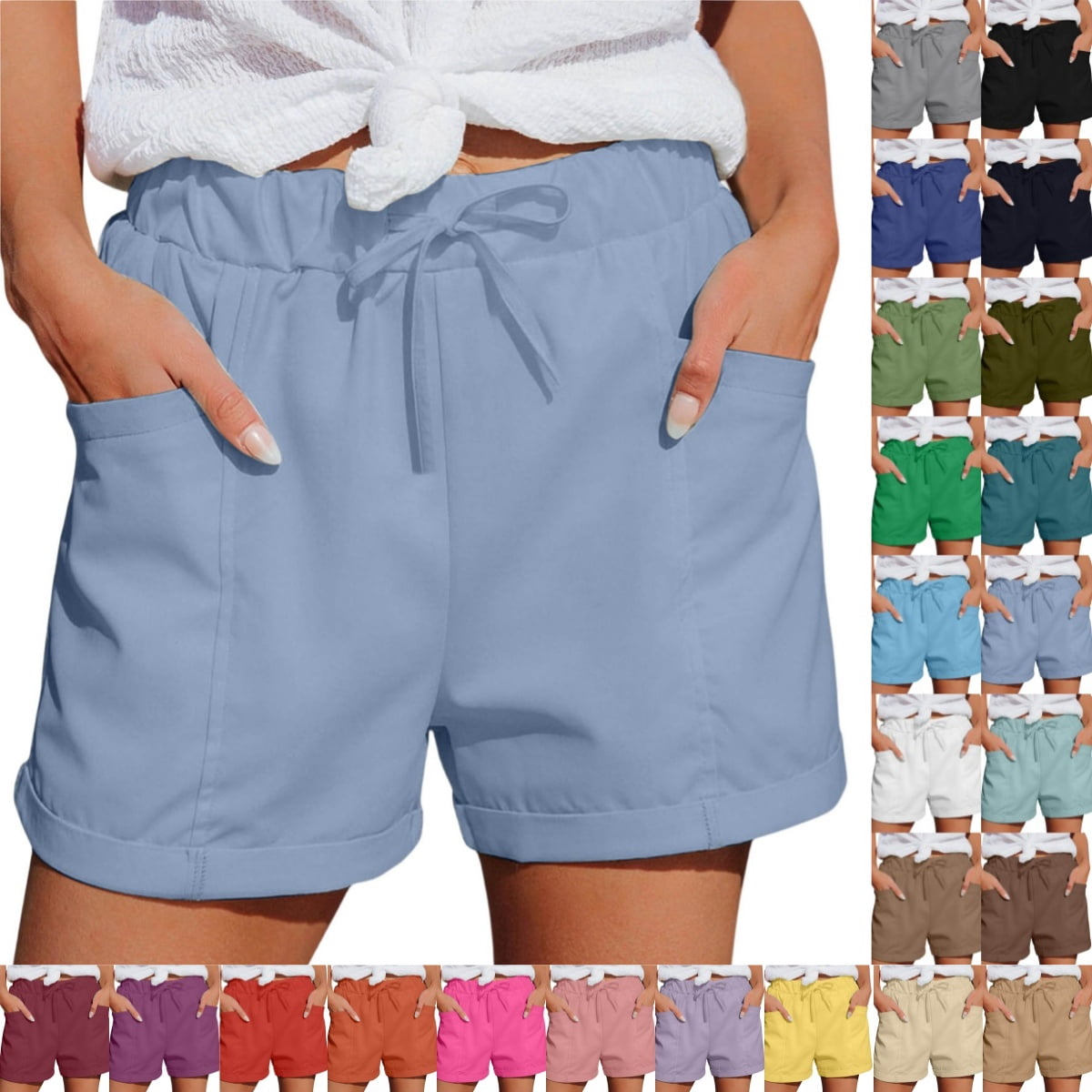 Bmisegm Womens Shorts Solid Color Drawstring Elastic Waist Straight Leg ...