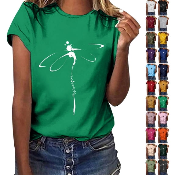 Bmisegm Womens T Shirts Casual Summer Crew Neck Dragonfly Printed ...