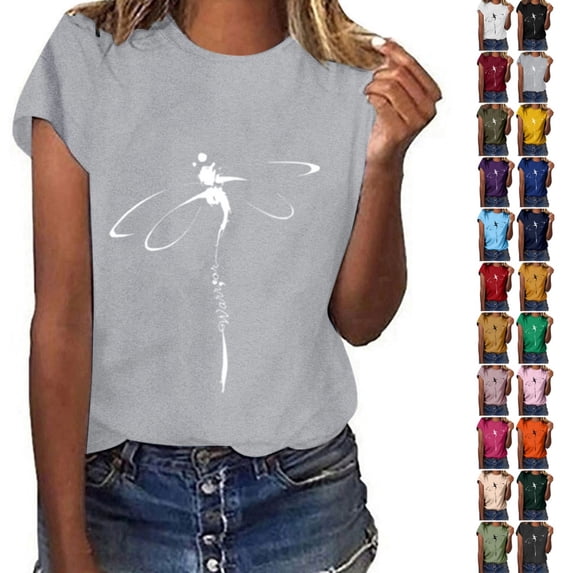 Bmisegm Womens T Shirts Casual Summer Crew Neck Dragonfly Printed ...