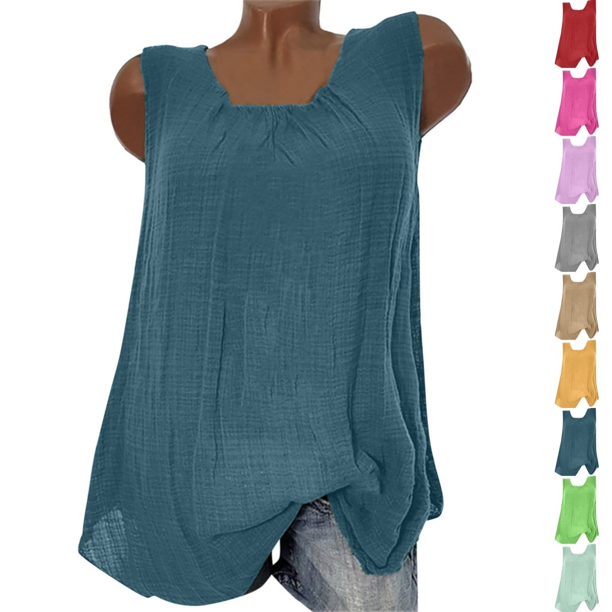 Bmisegm Womens Tank Tops Sleeveless Round Neck Ruched Loose Fit Solid ...