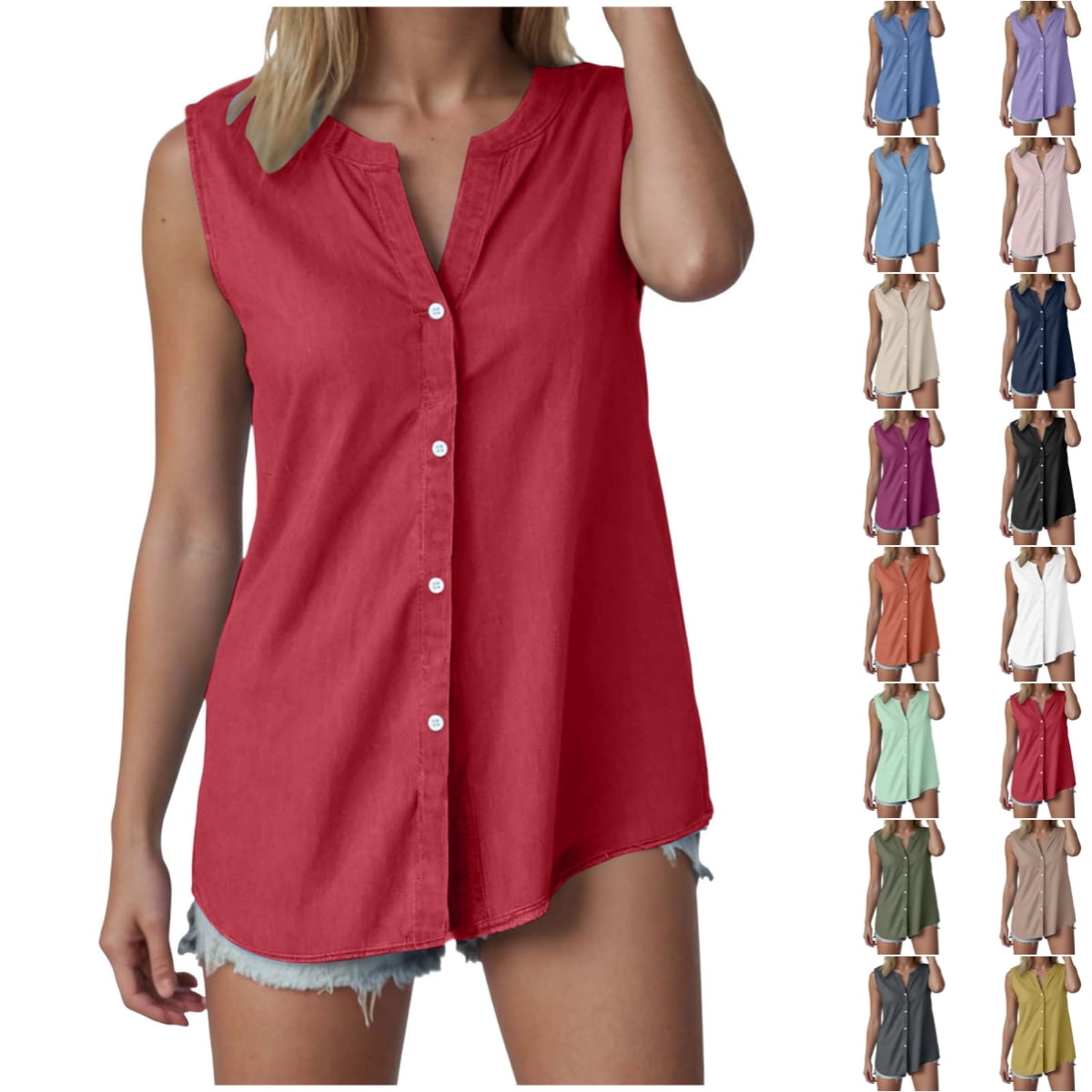 Bmisegm Womens Tank Tops Sleeveless V Neck Button Design Solid Color A ...
