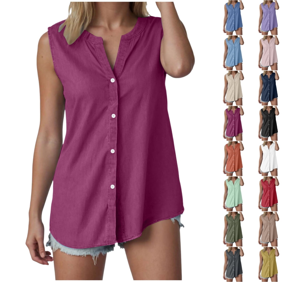 Bmisegm Womens Tank Tops Sleeveless V Neck Button Design Solid Color A ...