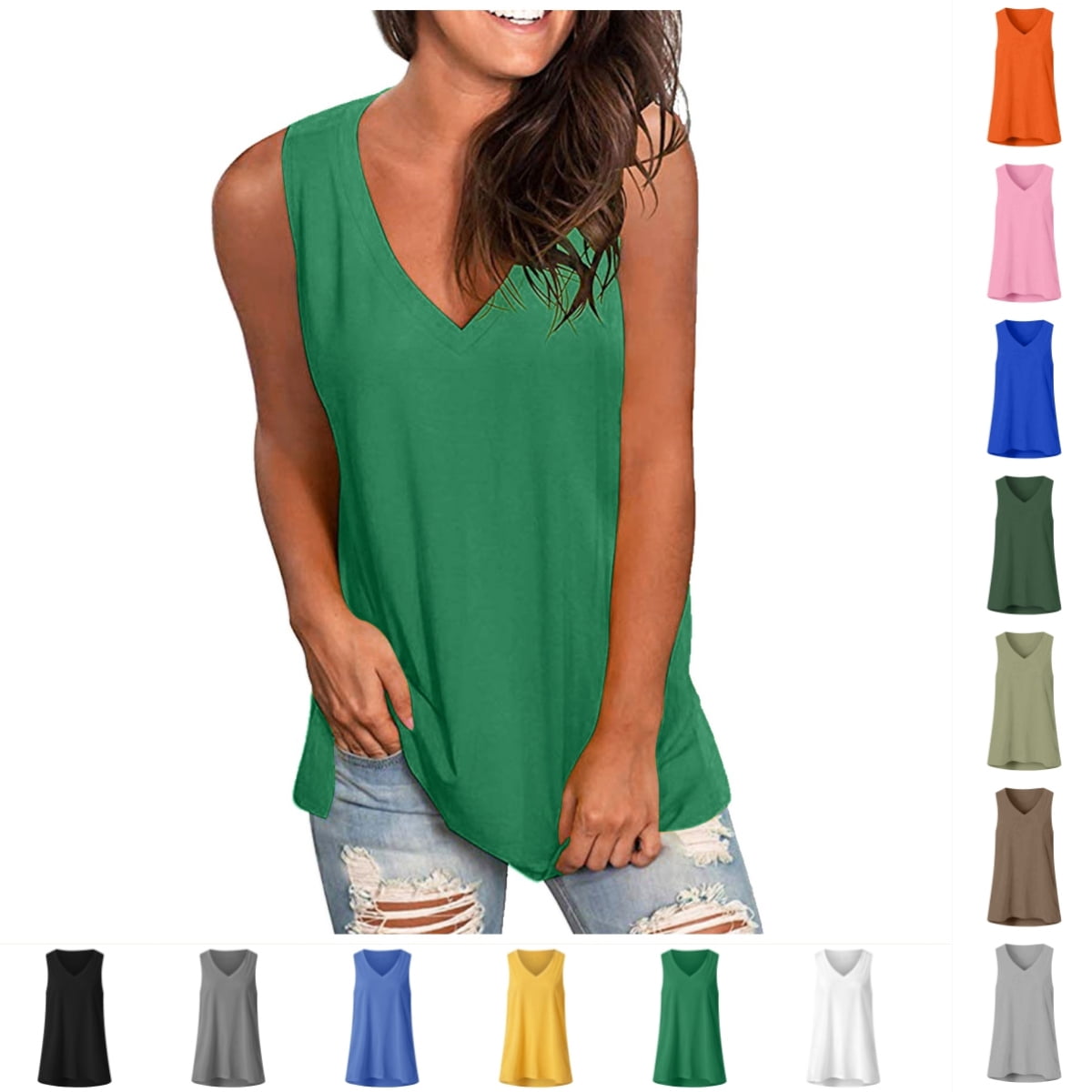 Bmisegm Womens Tank Tops Sleeveless V Neck High Low Style Solid Color ...