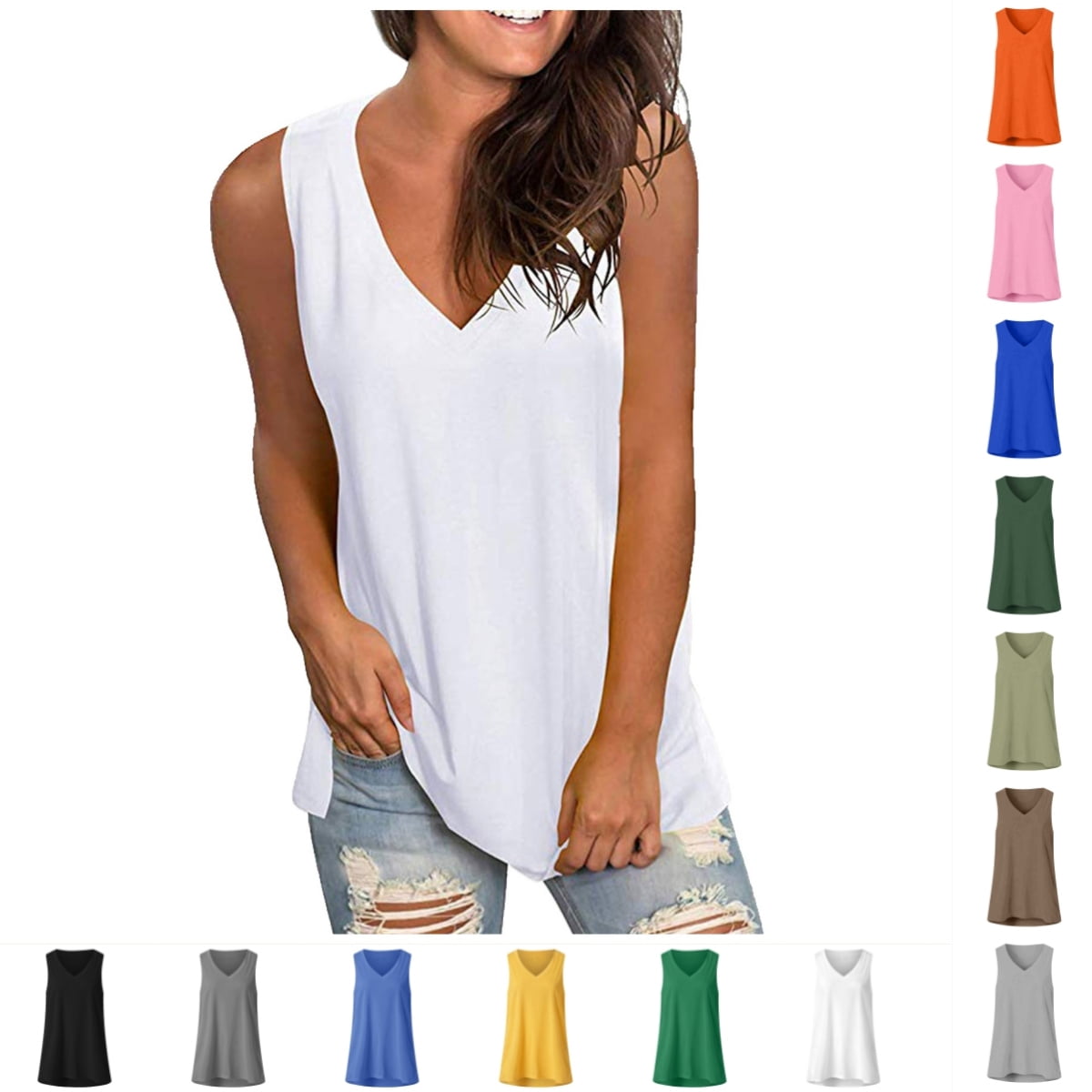 Bmisegm Womens Tank Tops Sleeveless V Neck High Low Style Solid Color ...