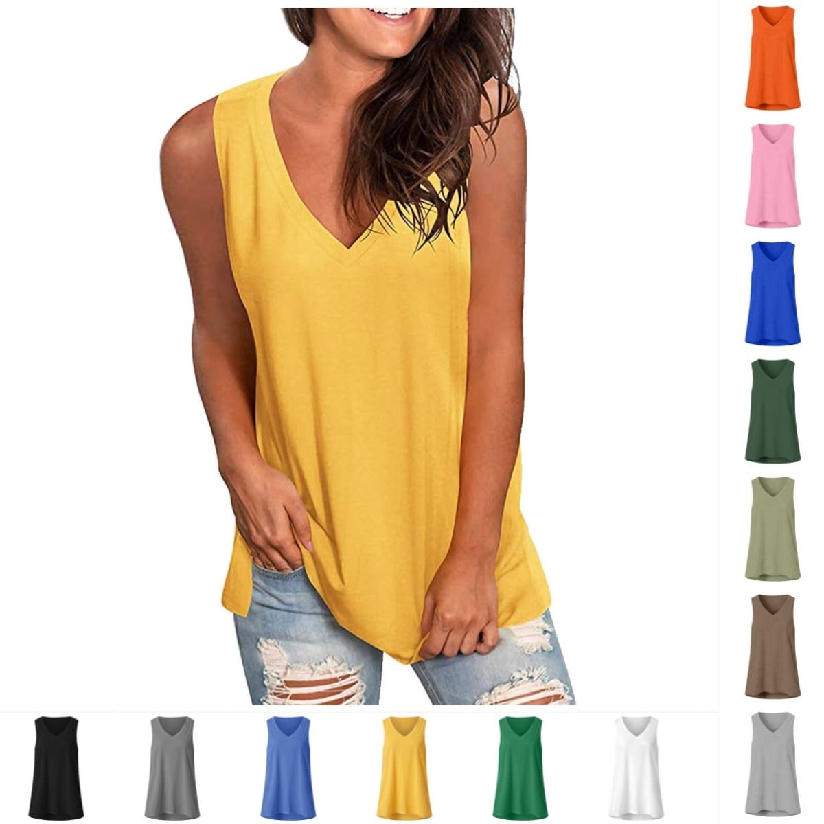 Bmisegm Womens Tank Tops Sleeveless V Neck High Low Style Solid Color ...