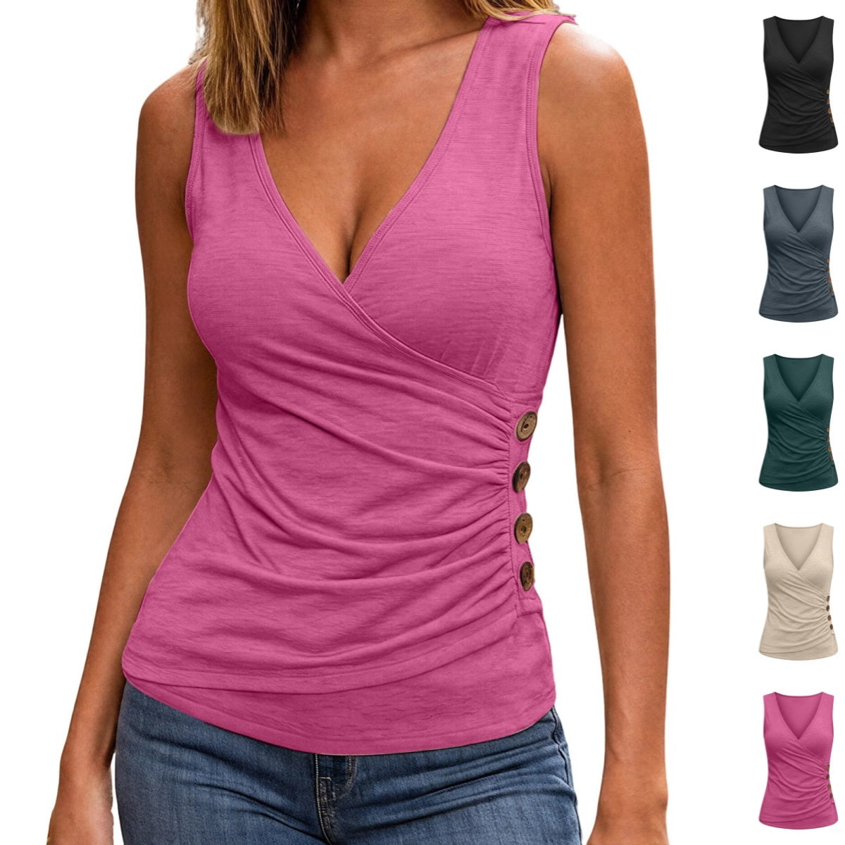 Bmisegm Womens Tank Tops Sleeveless V Neck Ruched Wrap Camisole Solid ...