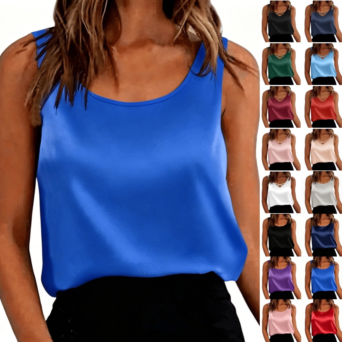 Bmisegm Womens Tank Tops Sleeveless Wide Round Neck Basic Camisole ...
