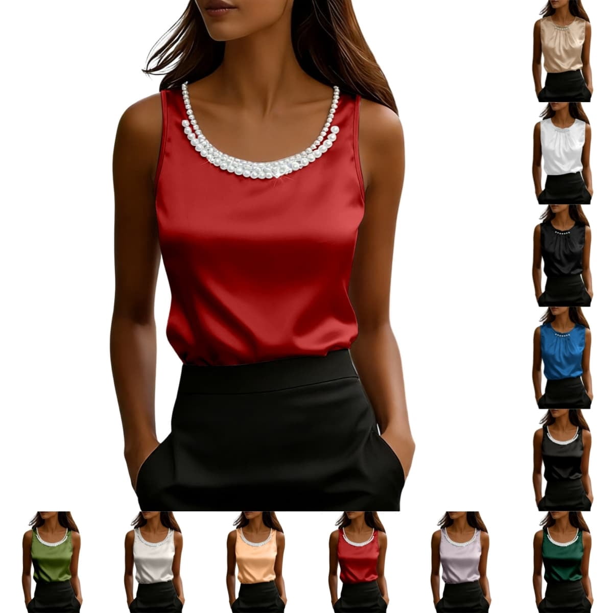 Bmisegm Tank Tops For Women Elegant Beaded Round Neck Sleeveless ...