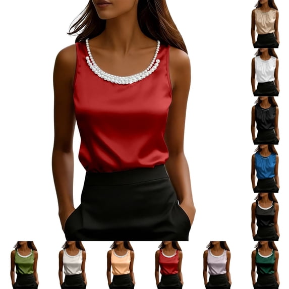 Bmisegm Tank Tops For Women Elegant Beaded Round Neck Sleeveless ...