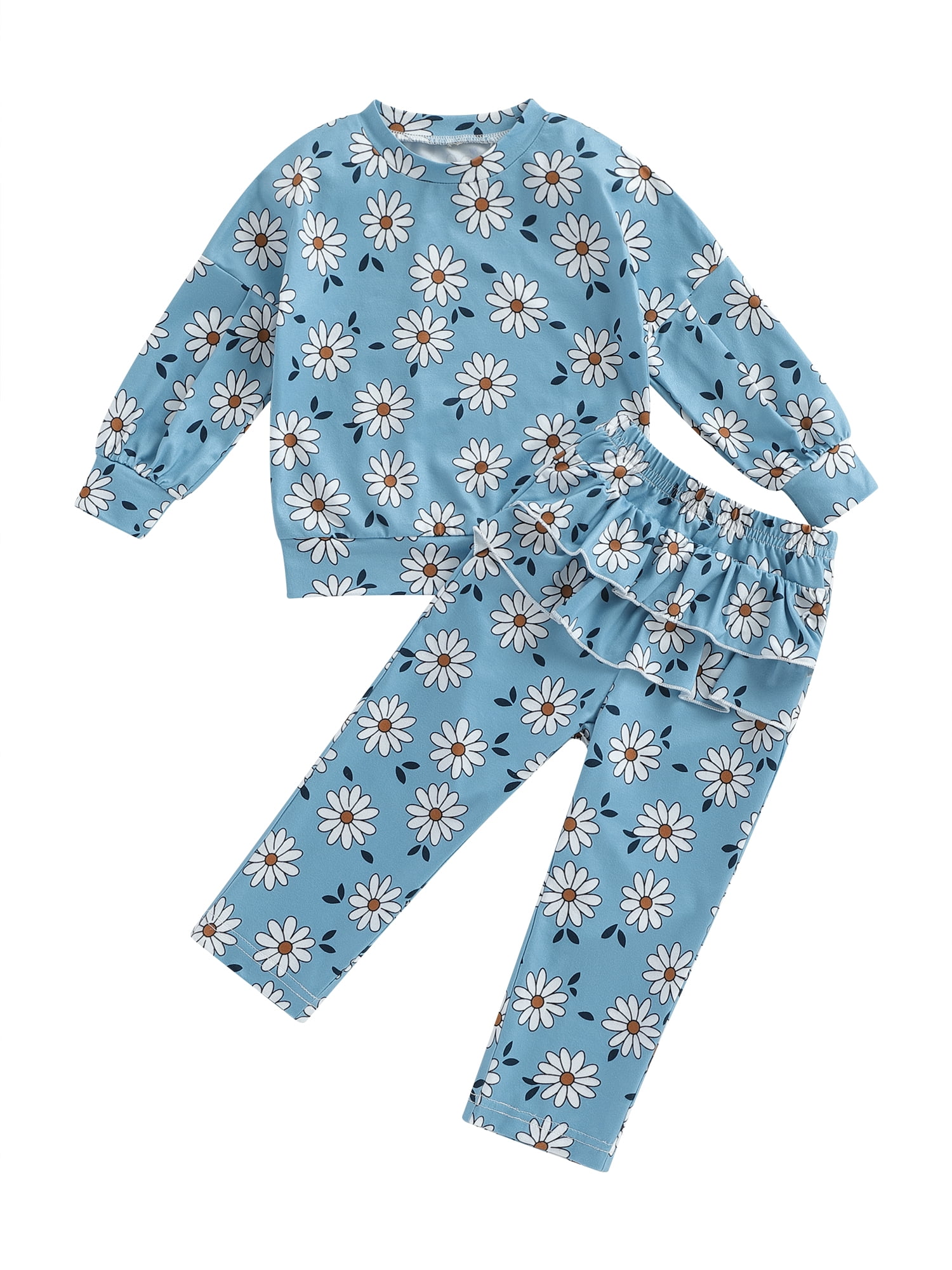 Bmnmsl Toddler Girl 2Pcs Set Flower Print Long Sleeve Crewneck Tops ...