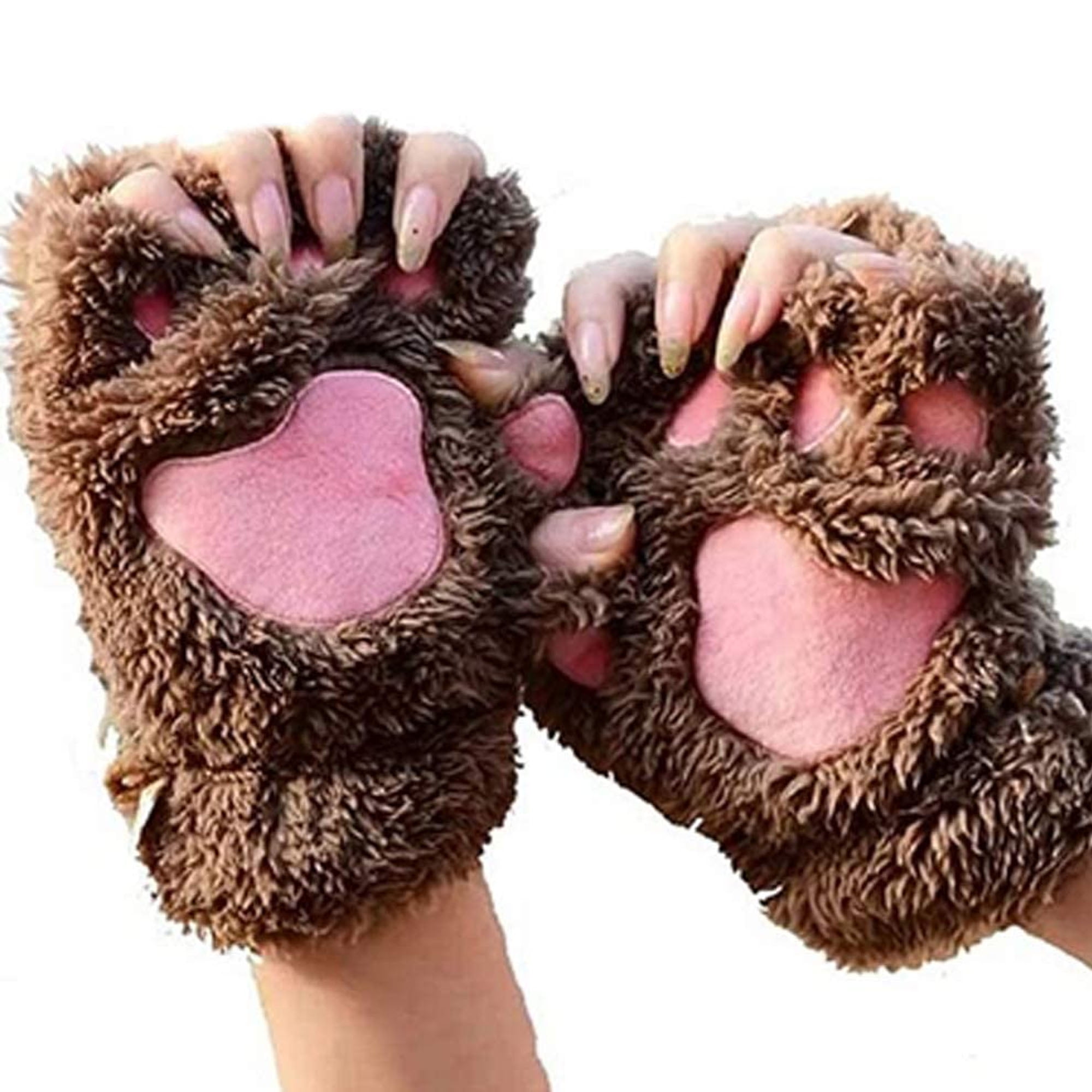 Bmnmsl Women Cat Claw Paw Mitten Plush Glove Winter Half Finger ...