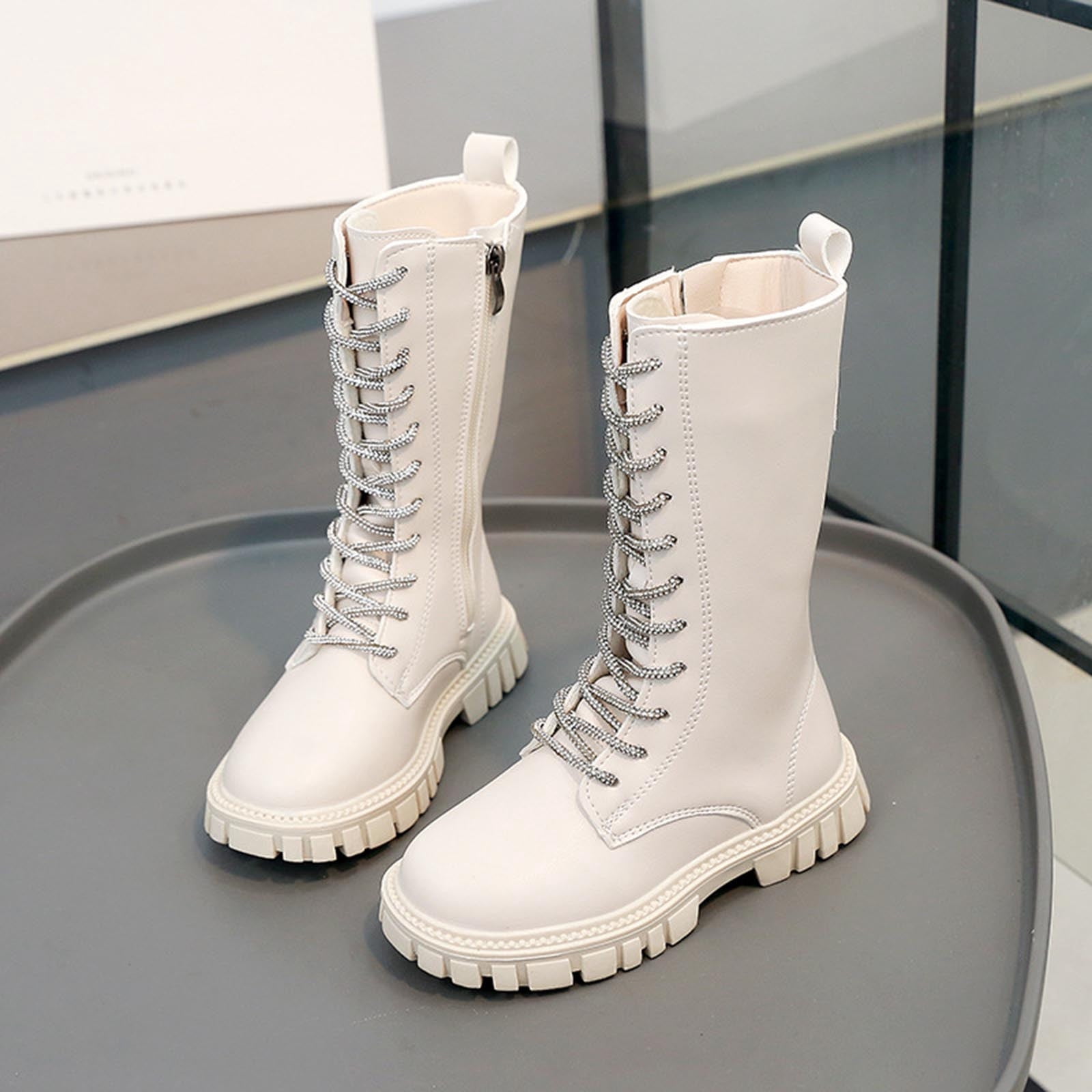 Bnwani Boots for Girls Mid-Calf PU Leather Side Zipper Princess Boots 4 ...