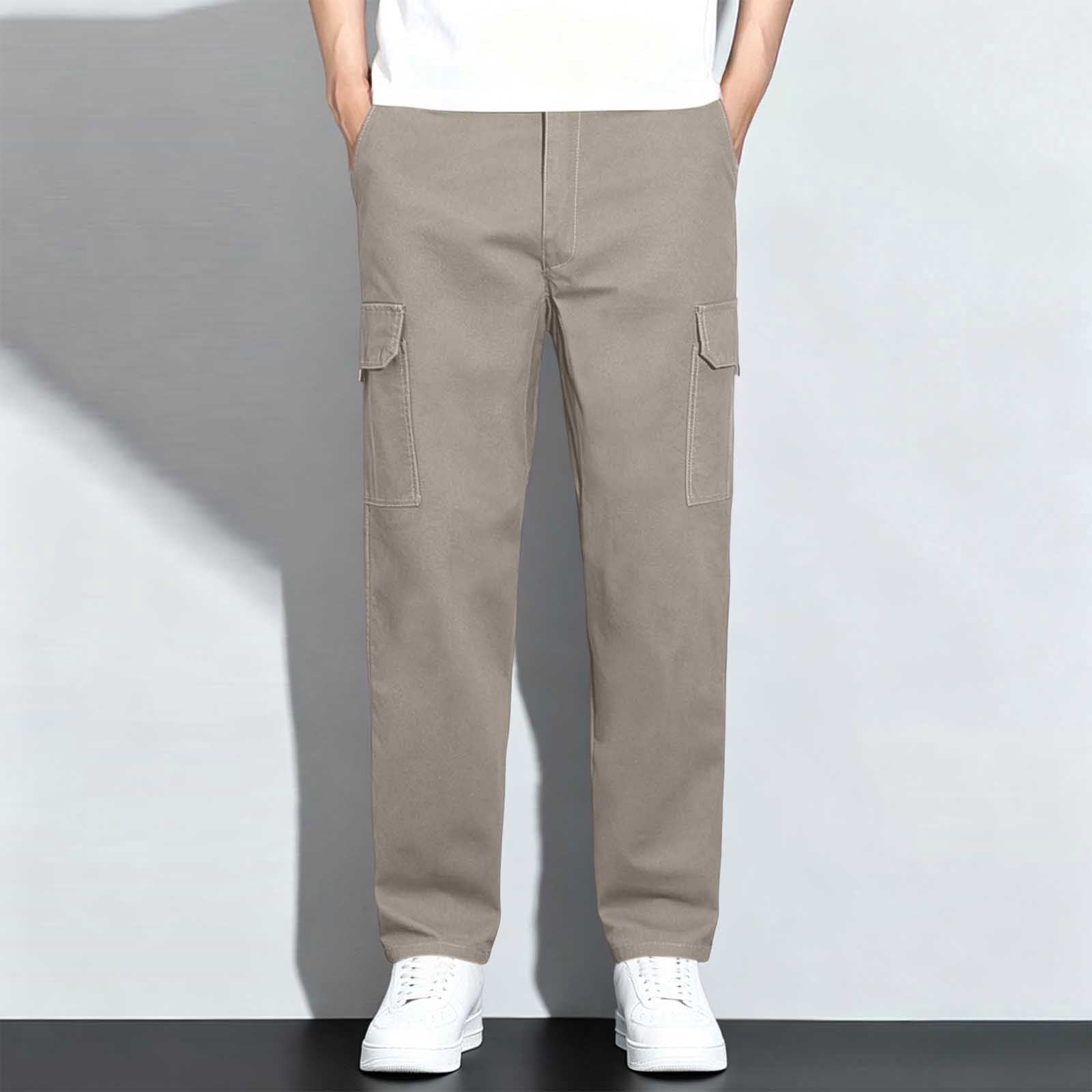 Bnwani Men Pants Casual Cargo Solid Color Button with Multi Pockets ...