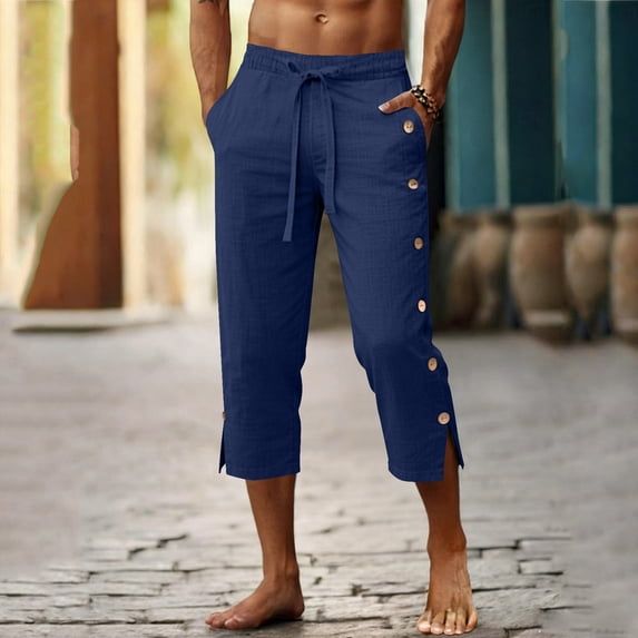 Bnwani Men Pants Casual with Pockets Side Button Capris Linen Pants ...